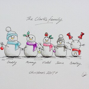 Snowmen Family Portrait Hand Drawn Hand Painted Personalised Snowman ...