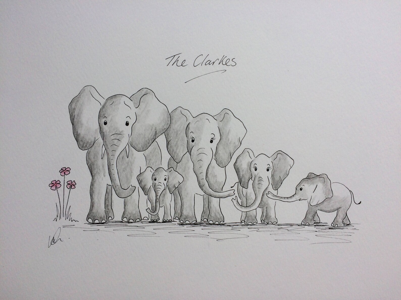 Elephants Family Portrait Hand drawn Hand painted | Etsy
