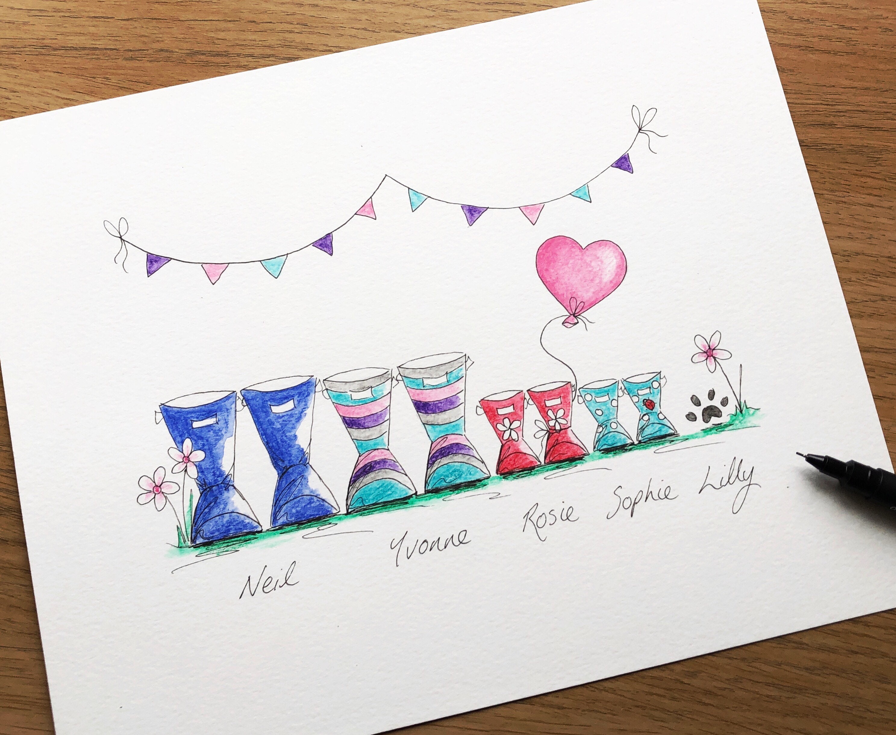 Family Portrait Personalised Wellies Hand Drawn Hand - Etsy