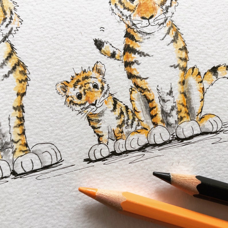 Tiger Family Portrait Hand Drawn Hand Painted | Etsy