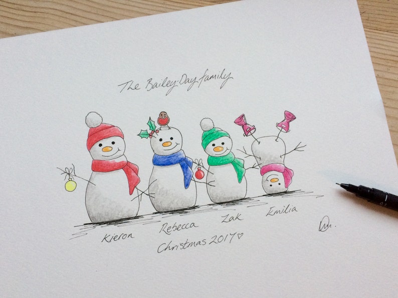 Snowmen Family Portrait Hand Drawn Hand Painted - Etsy UK