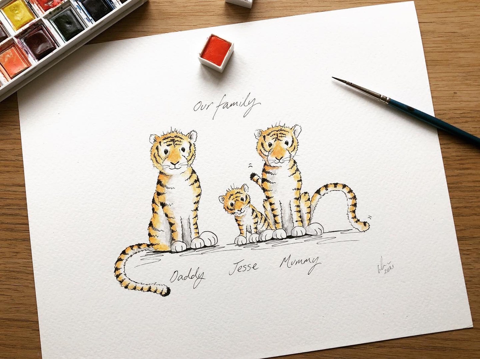 Tiger Family Portrait Hand Drawn Hand Painted | Etsy