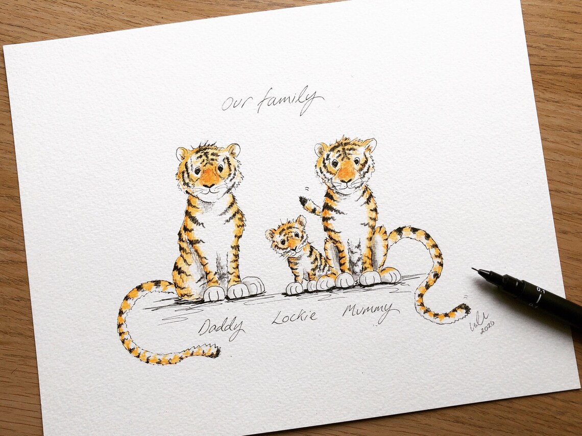 Tiger Family Portrait Hand Drawn Hand Painted | Etsy