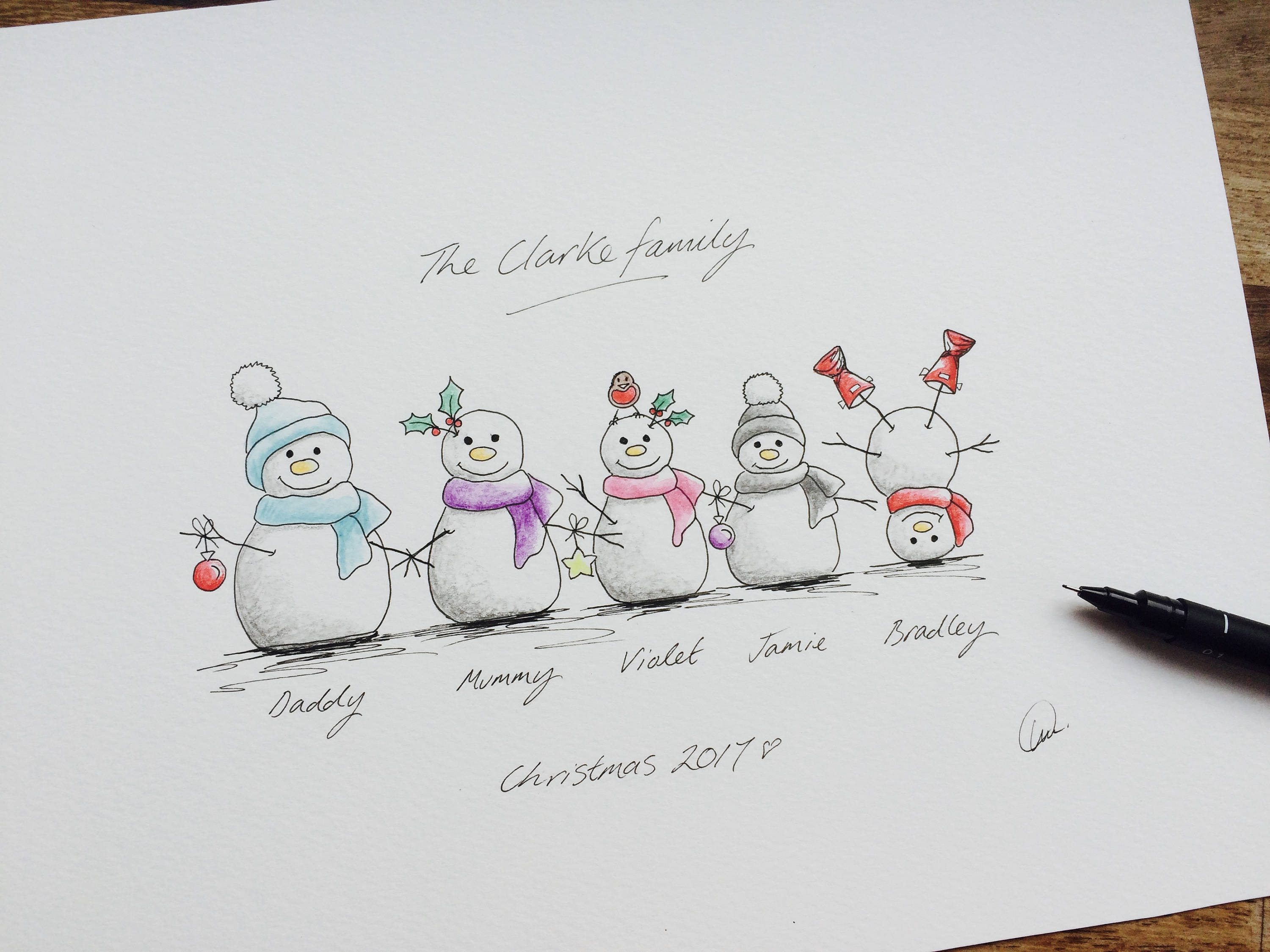 Snowmen Family Portrait Hand Drawn Hand Painted - Etsy UK