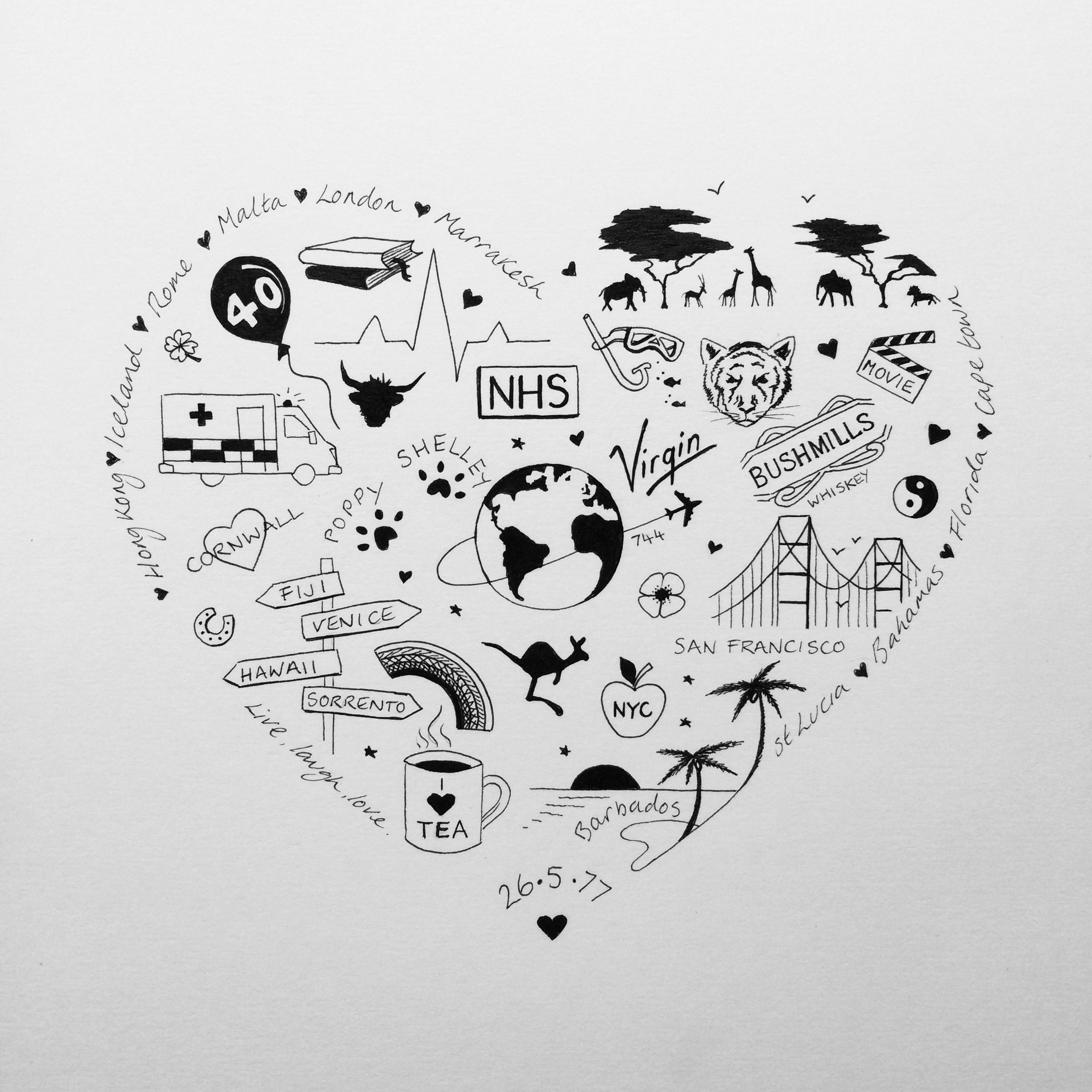 Personalised Memory Heart Hand Drawn Filled Heart Original - Etsy