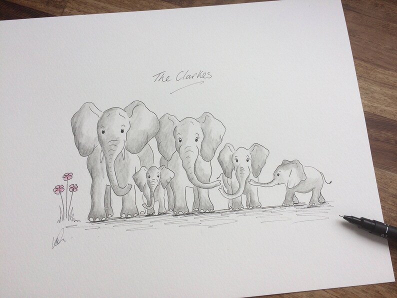 Elephants Family Portrait Hand drawn Hand painted | Etsy