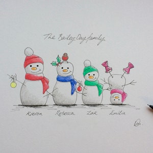 Snowmen Family Portrait Hand Drawn Hand Painted Personalised Snowman ...