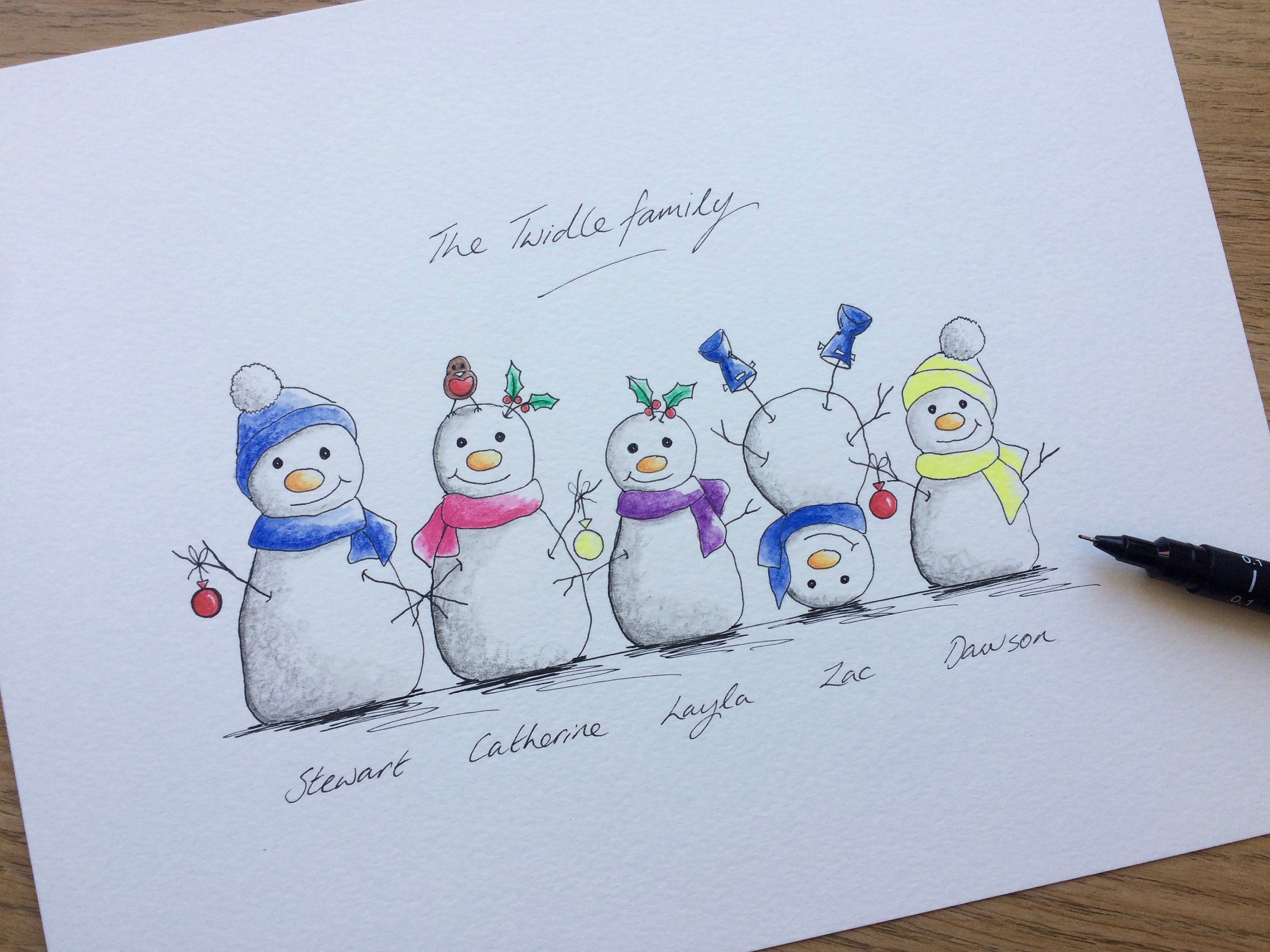 Snowmen Family Portrait Hand drawn Hand painted | Etsy