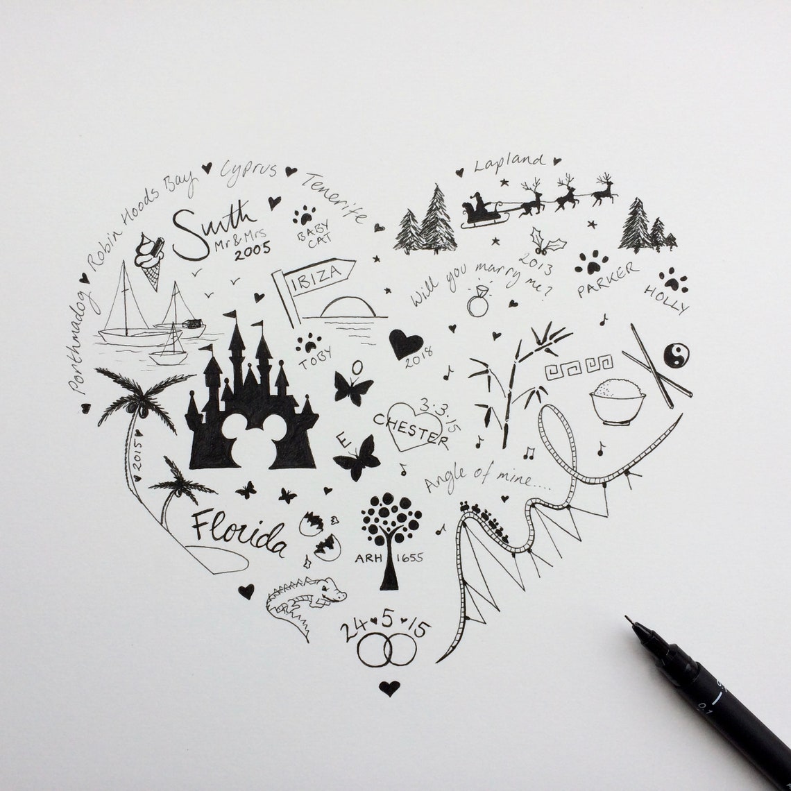 Personalised Memory Heart Hand Drawn Filled Heart Original - Etsy