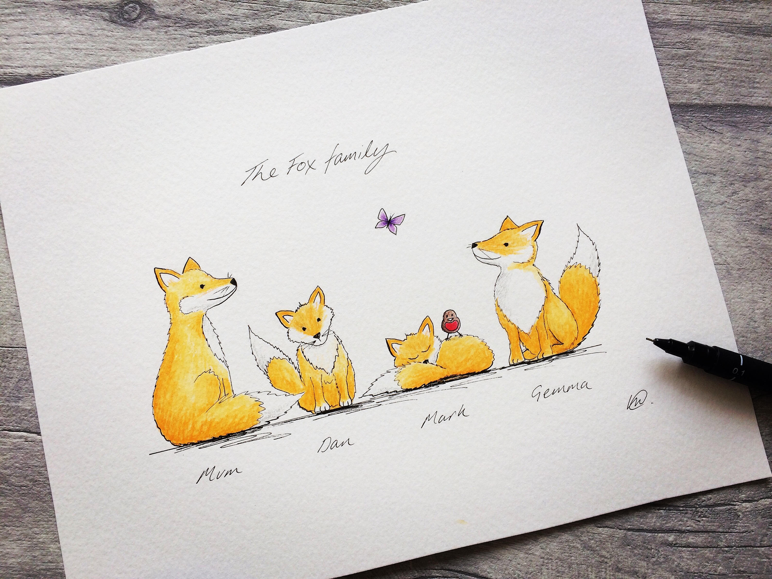 Fox Family Portrait Mothers Day Gift Hand Drawn & Painted - Etsy