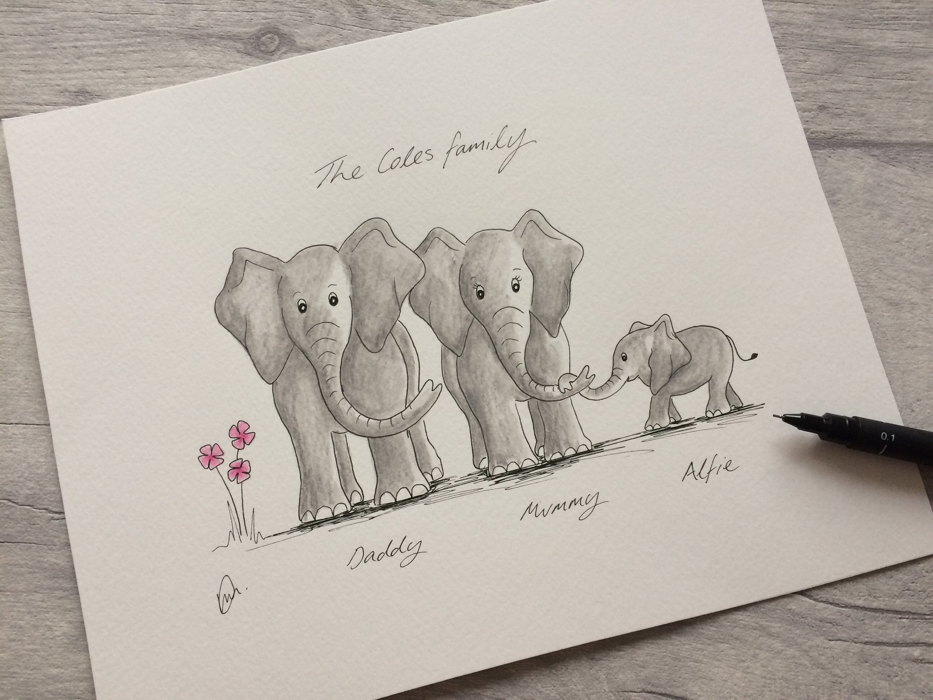 Elephants Family Portrait Hand drawn Hand painted | Etsy