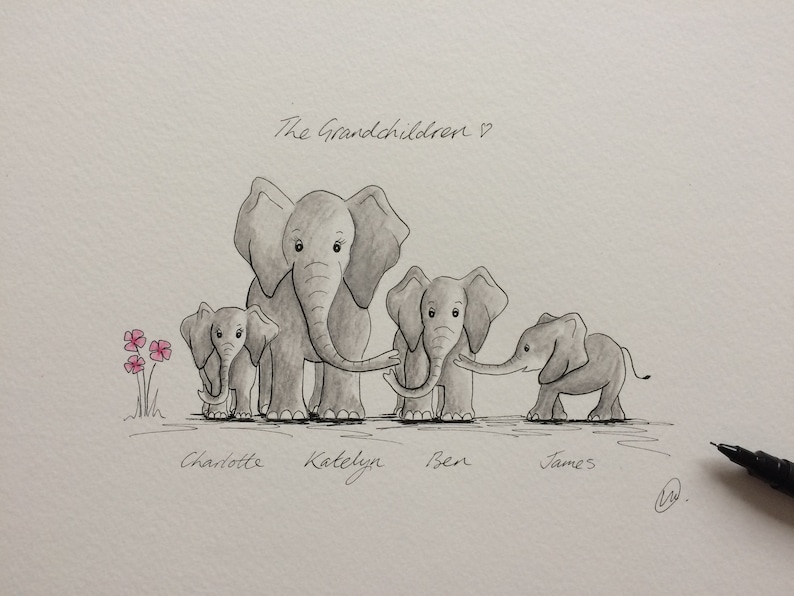 Elephants Family Portrait Hand drawn Hand painted | Etsy