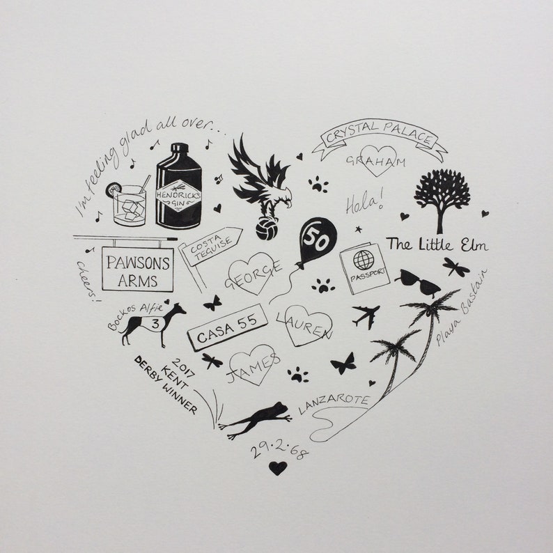 Personalised Memory Heart Hand Drawn Filled Heart Original | Etsy