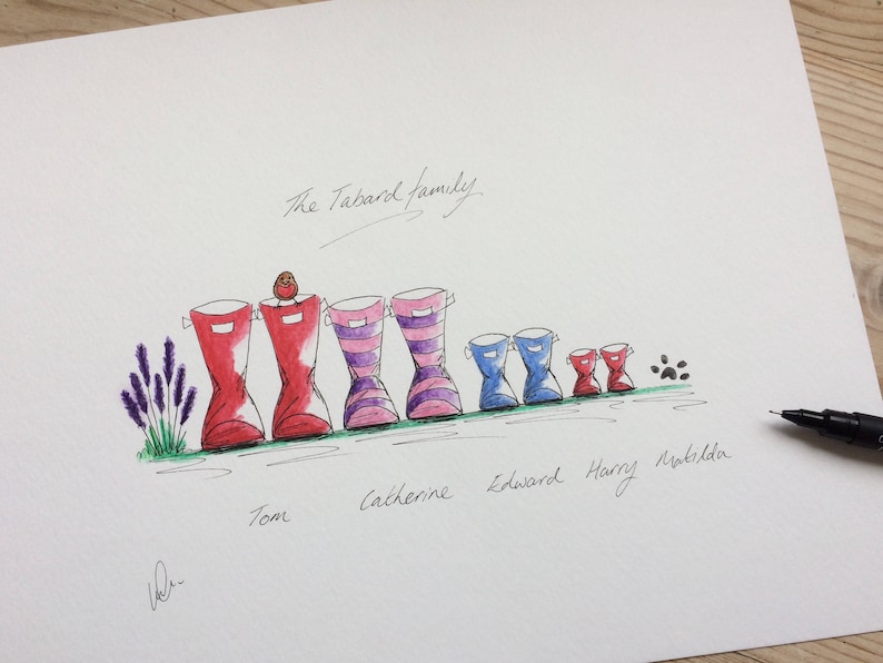 Family Portrait Personalised Wellies Hand Drawn Hand | Etsy