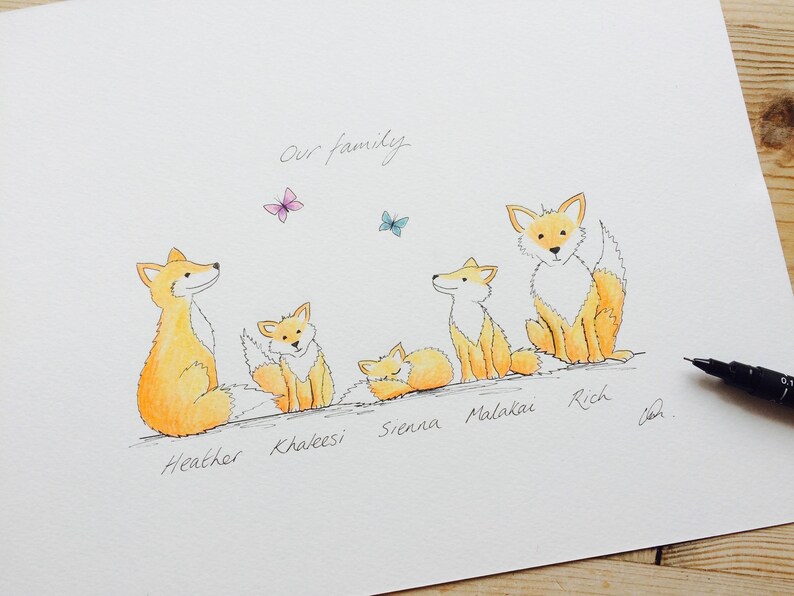Fox Family Portrait Mothers Day Gift Hand Drawn & Painted - Etsy