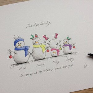 Snowmen Family Portrait Hand Drawn Hand Painted Personalised Snowman ...