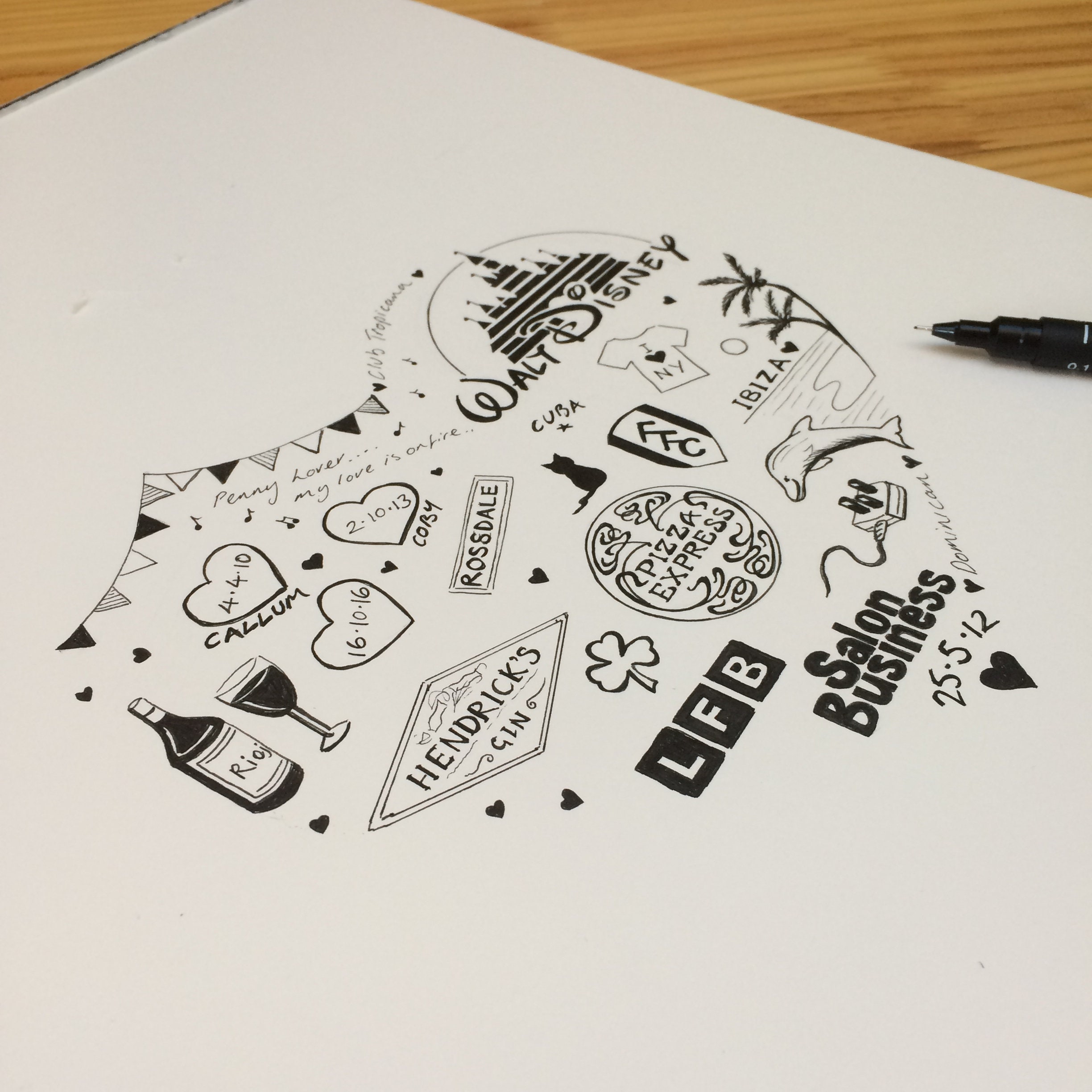 Personalised Memory Heart Hand Drawn Filled Heart Original - Etsy