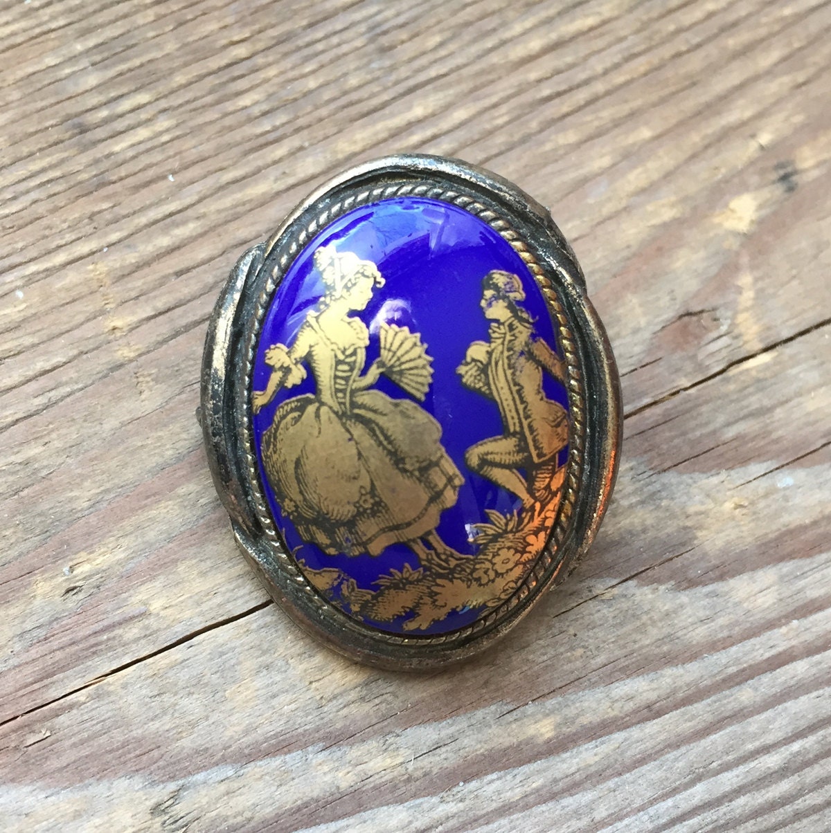 Vintage Blue Glass Brooch With Detailed Romantic Image - Etsy