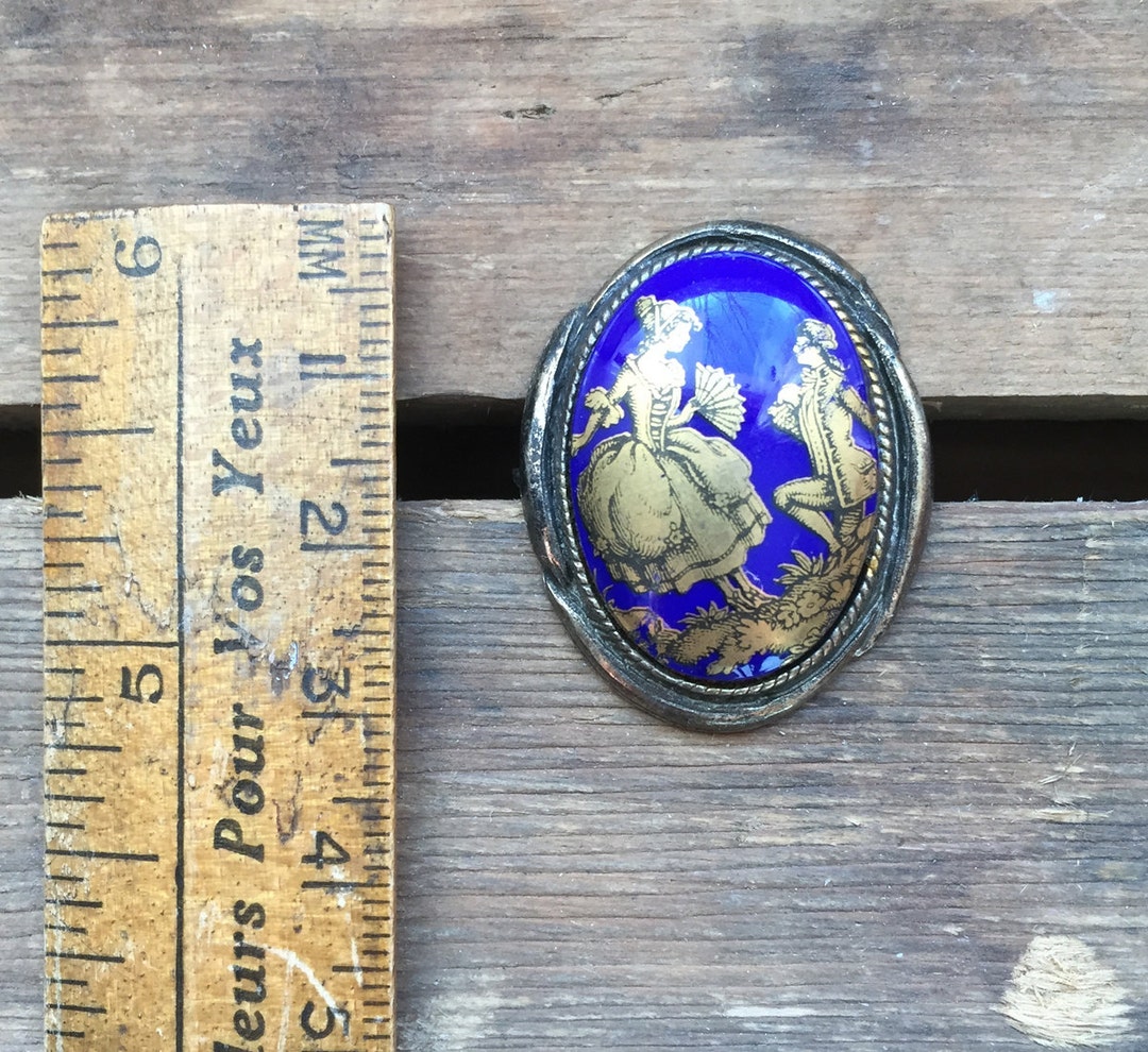 Vintage Blue Glass Brooch With Detailed Romantic Image - Etsy