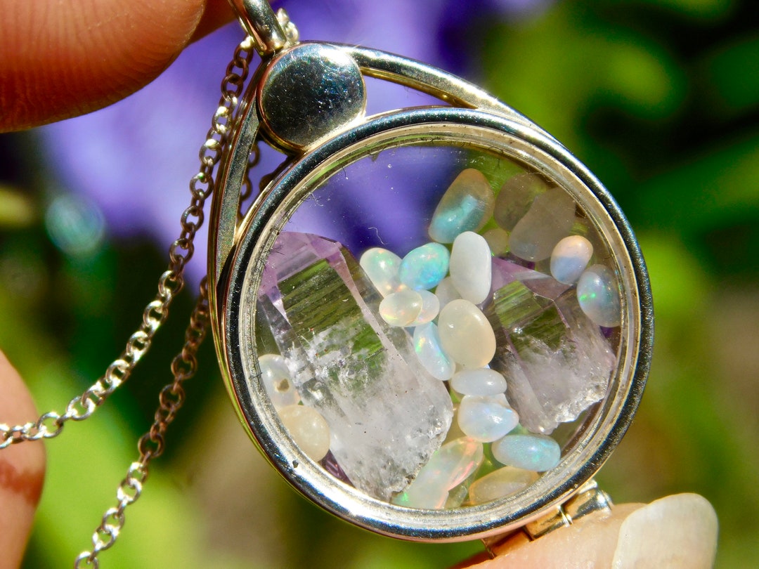 Locket Opal + Vera Cruz Amethyst Crystals Sterling Silver Floating ...
