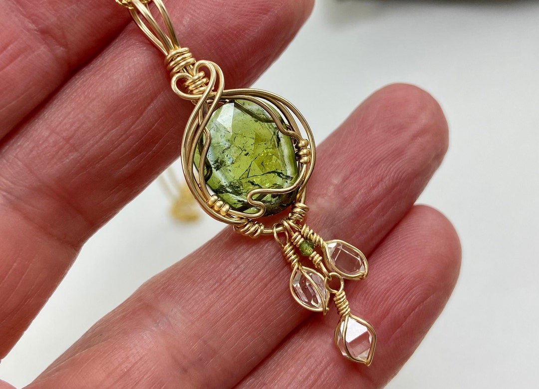 Green Tourmaline Slice Bullseye Faceted Top Pendant With NY Herkimer ...
