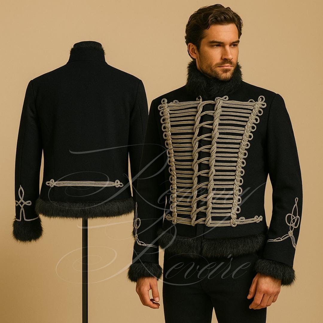Napoleonic Hussar Jacket: Black Wool, Silver Braiding, Faux Fur Trim - Etsy