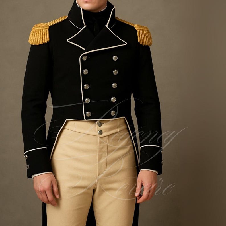 Regency Napoleonic Tailcoat: Black Officer Uniform With Gold Epaulettes ...