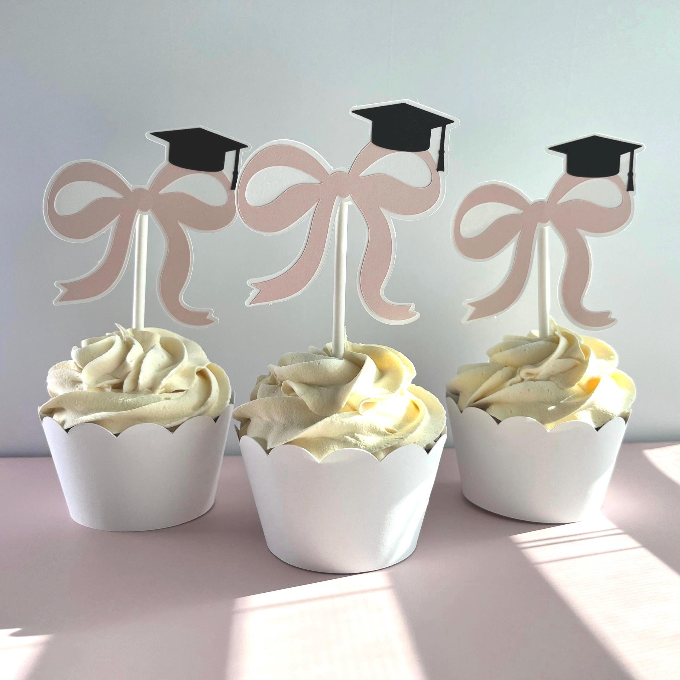 Pink Bow Coquette Graduation Cupcake Toppers – Pack of 12 | Grad Party ...