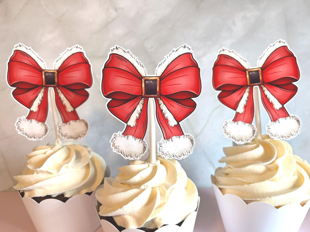 Santa Bow Cupcake Toppers | Christmas Party Decorations | Set of 12 - Etsy