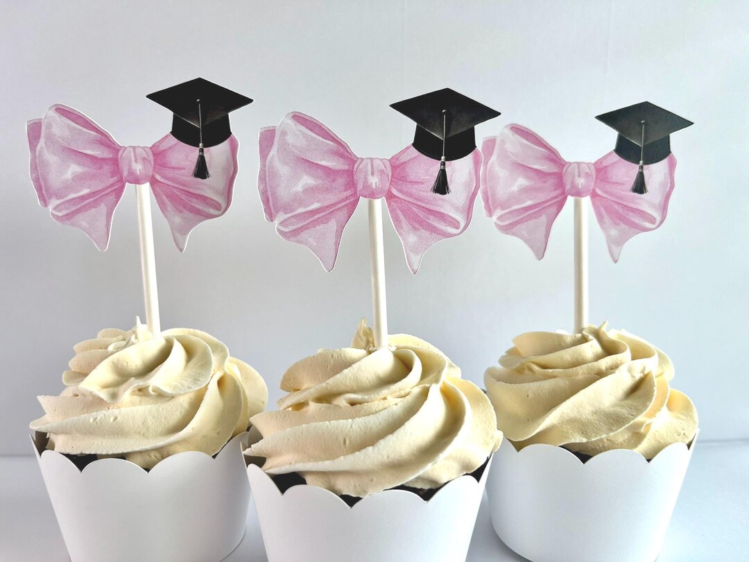 Pink Bow Graduation Cupcake Toppers: Coquette Grad Party Decor - Set of ...