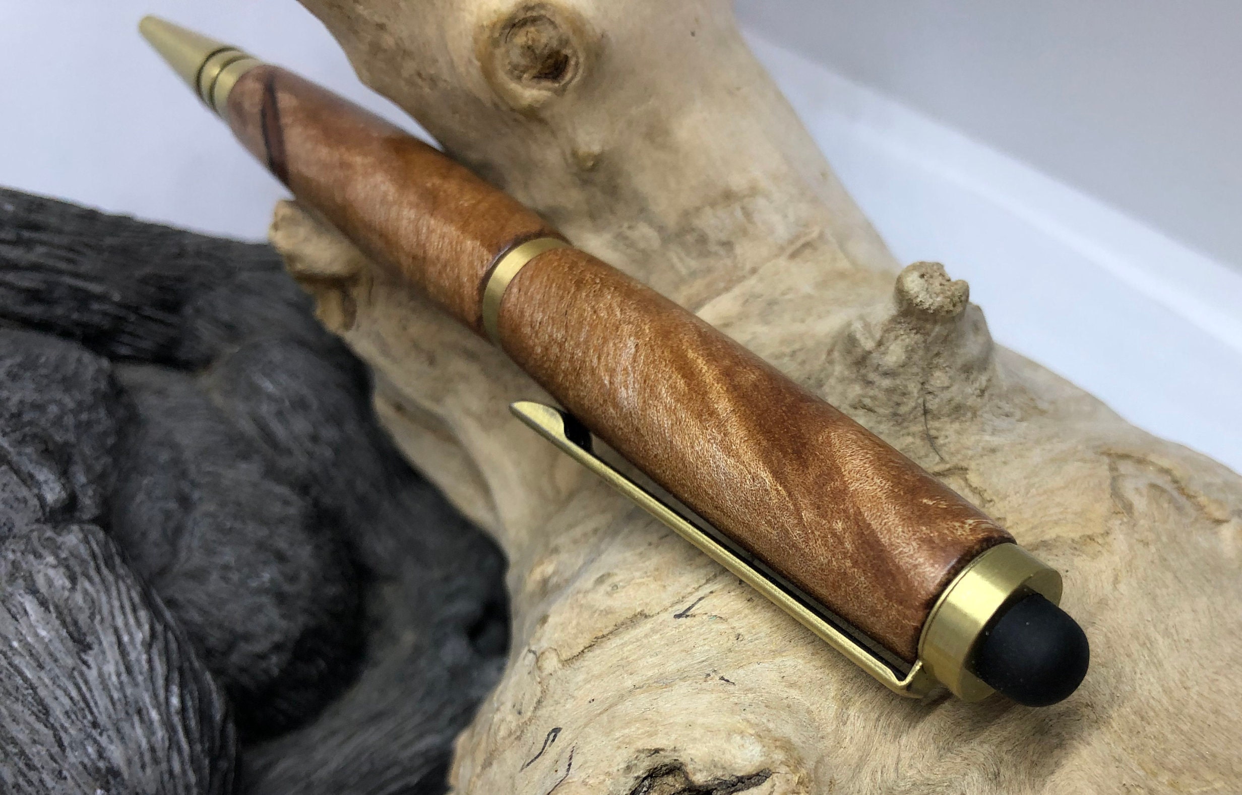 Antique Brass Trim Stylus Twist Pen Made with Maple Burl (#115)