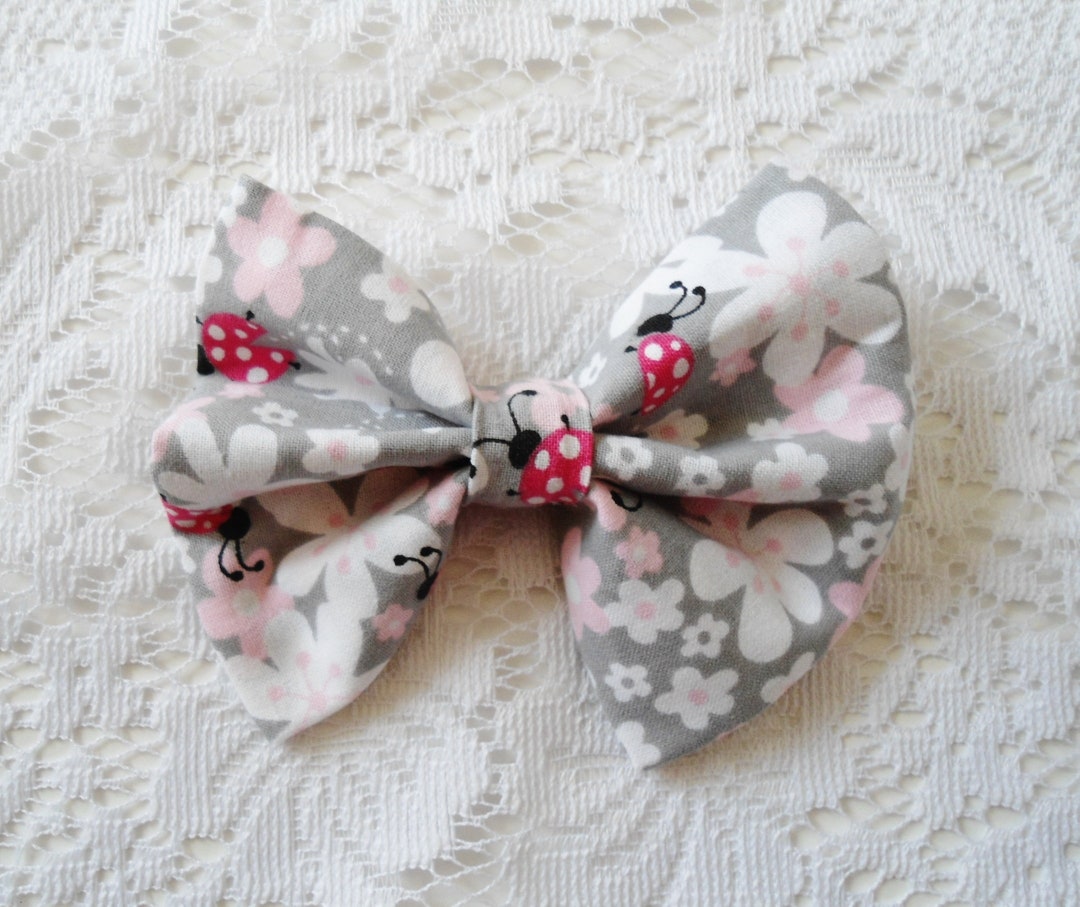 Ladybugs Hair Bow, Ladybugs Bow, Pink Gray White Hair Bow, Ladybugs and ...