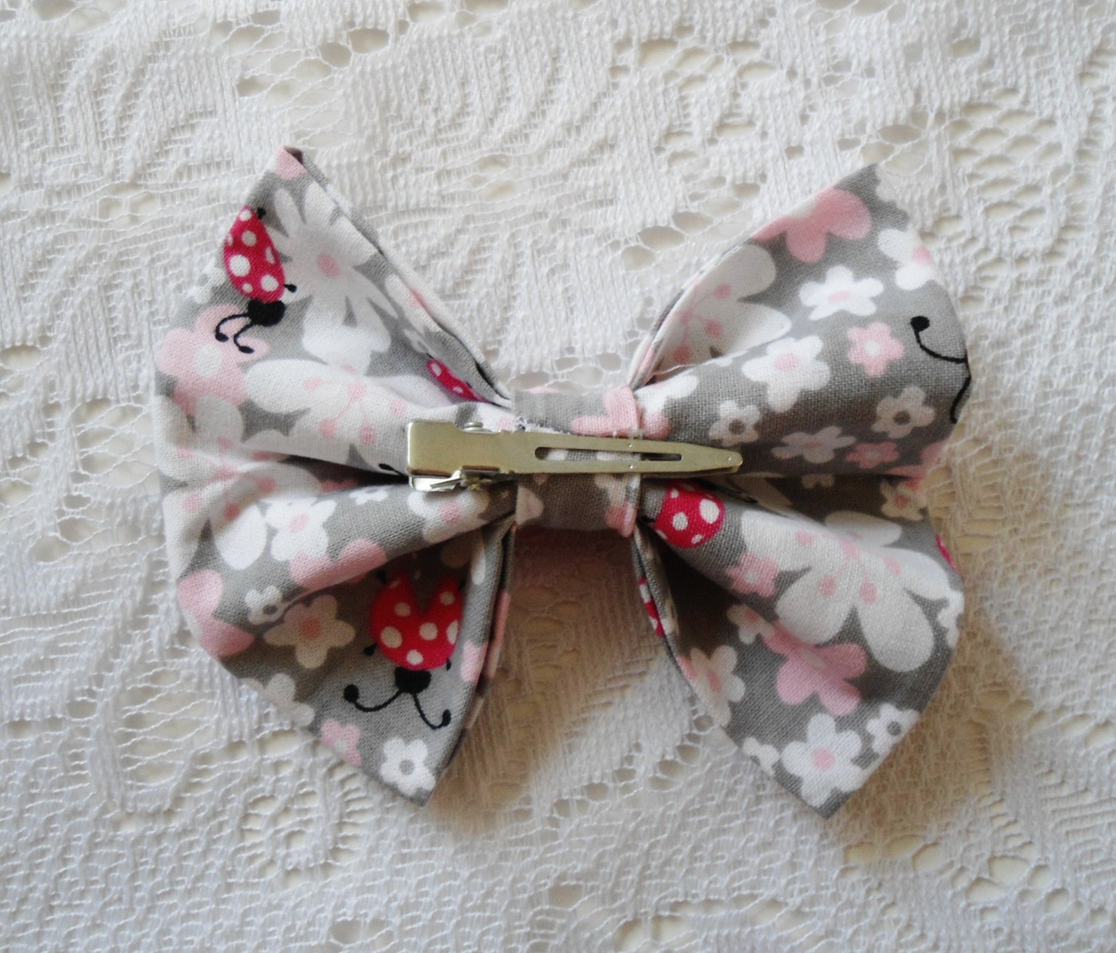 Ladybugs Hair Bow Ladybugs Bow Pink Gray White Hair Bow - Etsy