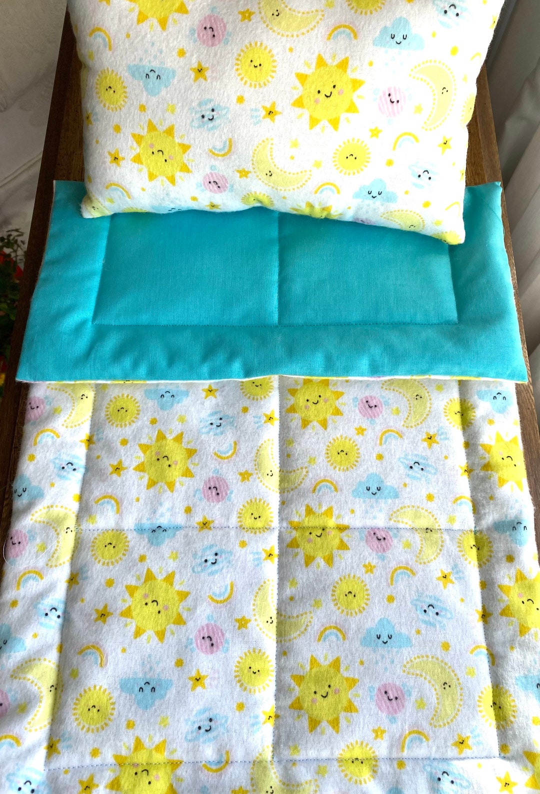 Sun Moon Stars Clouds Flannel Doll Bedding Set, Doll Blanket & Pillow ...