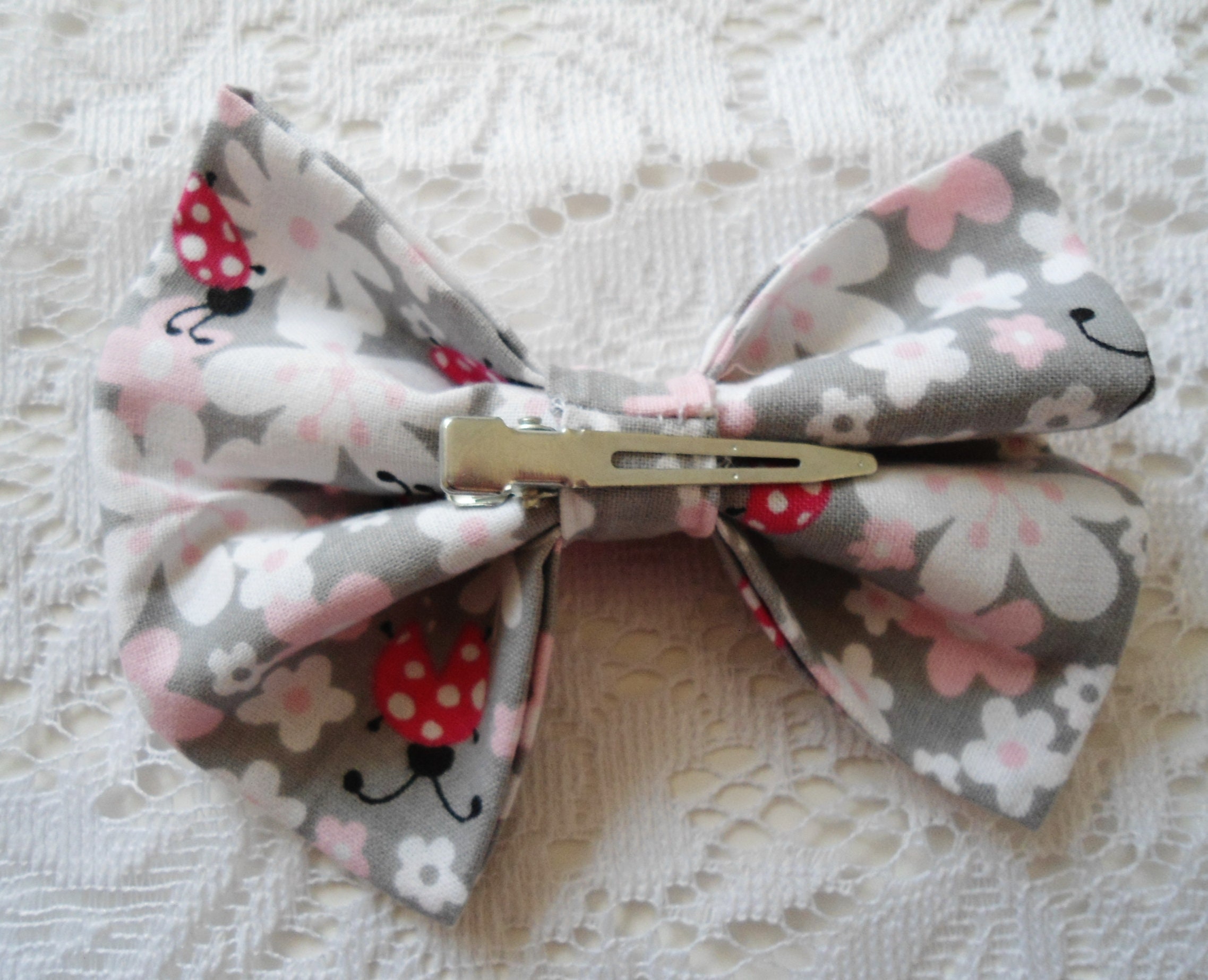 Ladybugs Hair Bow Ladybugs Bow Pink Gray White Hair Bow - Etsy