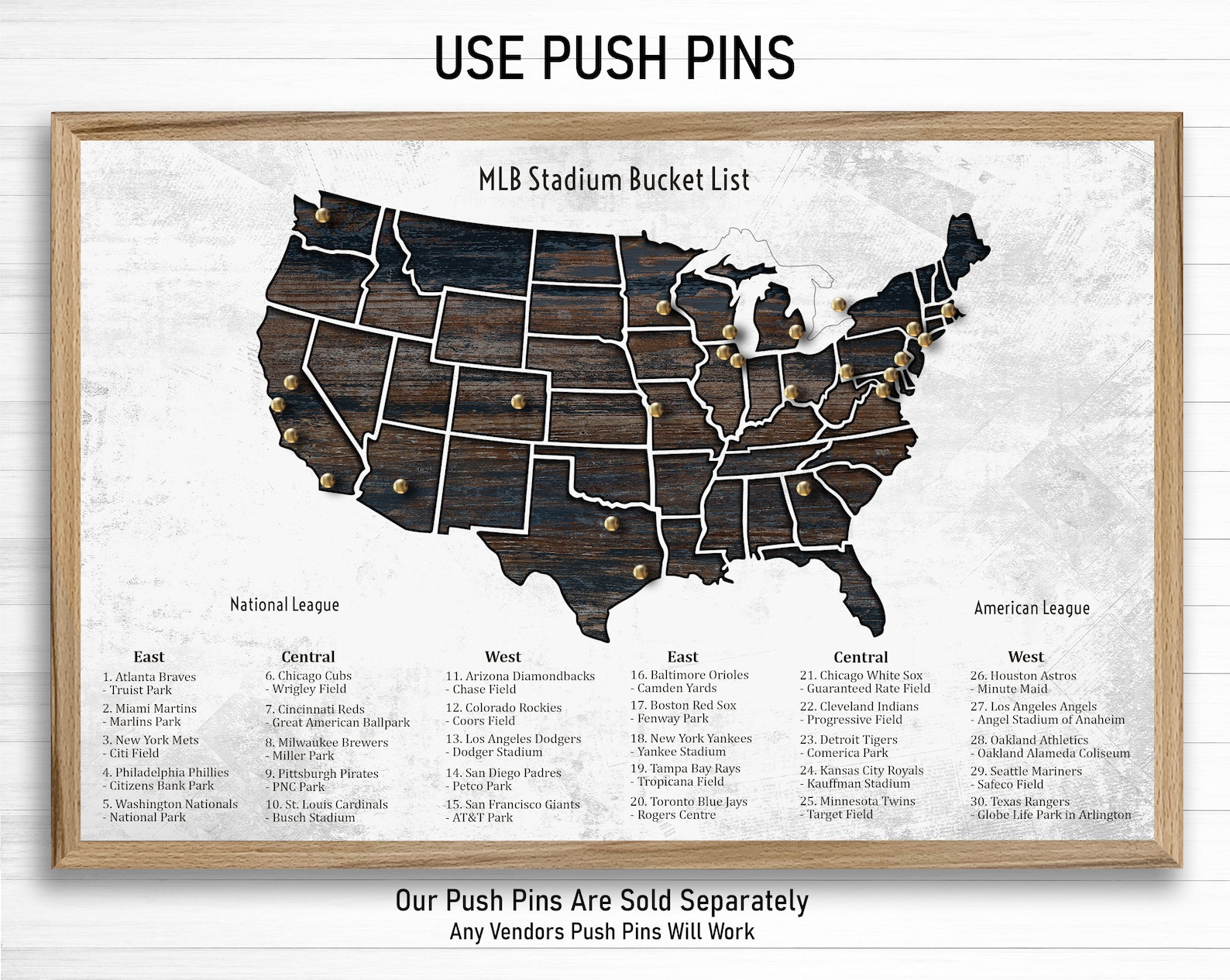 Push Pin Baseball Bucket List US Map | All Ball Parks Listed | Major ...