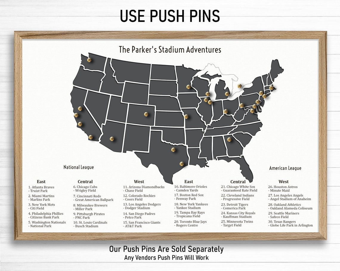 Push Pin Baseball Bucket List US Map All Ball Parks Listed - Etsy