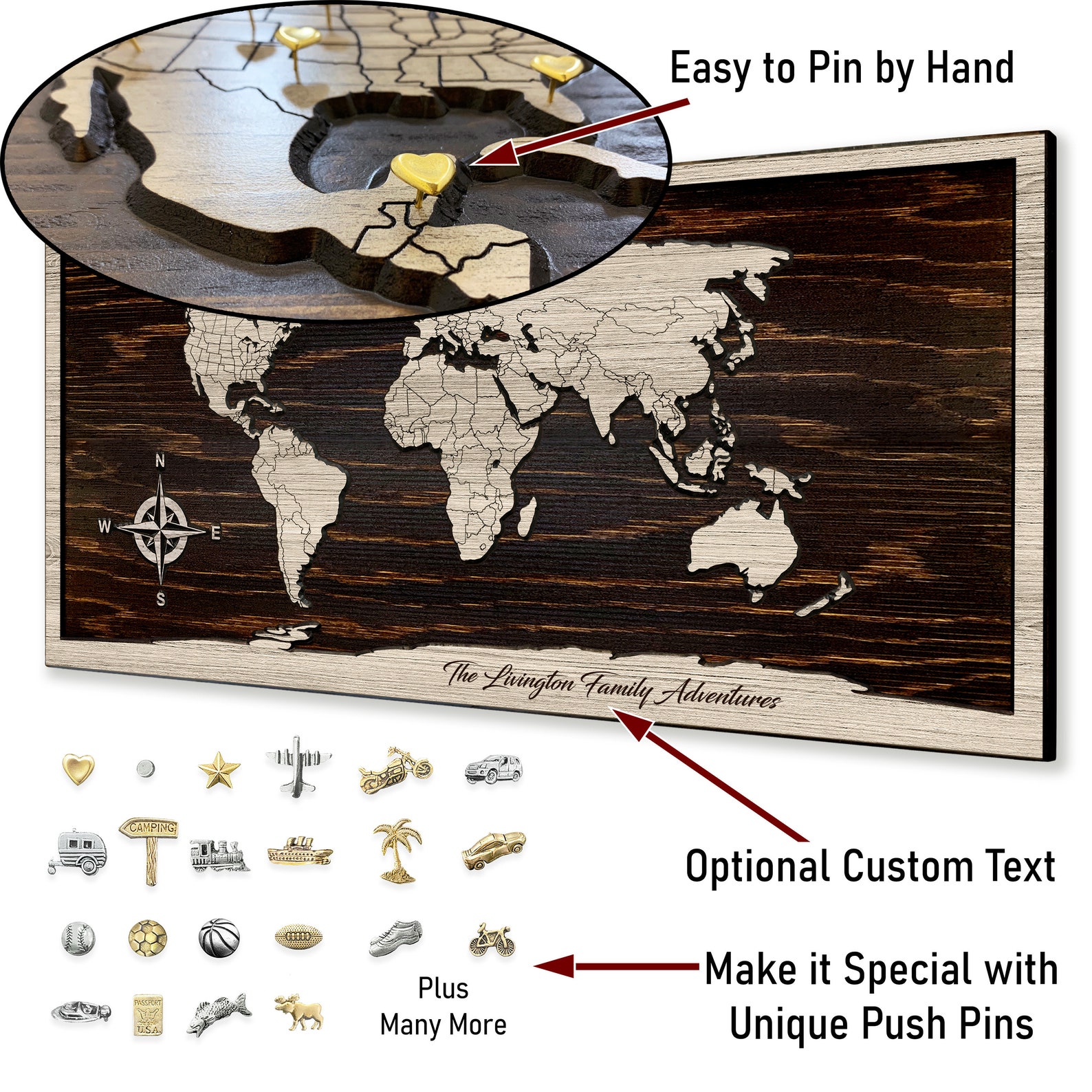 Carved Wooden Map - Push Pin World Map - World Map Wall Art - Custom ...