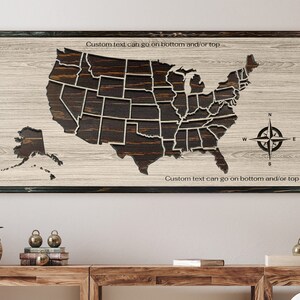 Push Pin US Map With Compass - Custom Wood Carved Map With Text ...