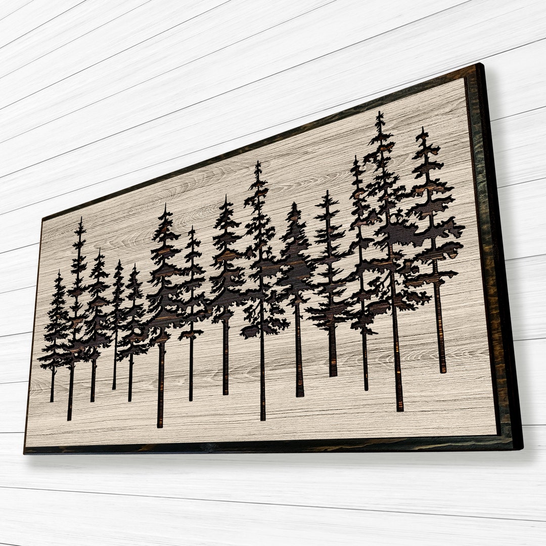 Carved Pine Tree Scene Art Evergreen Trees Mountain Art 3D Wood Wall Art Nature and Cabin Art ...