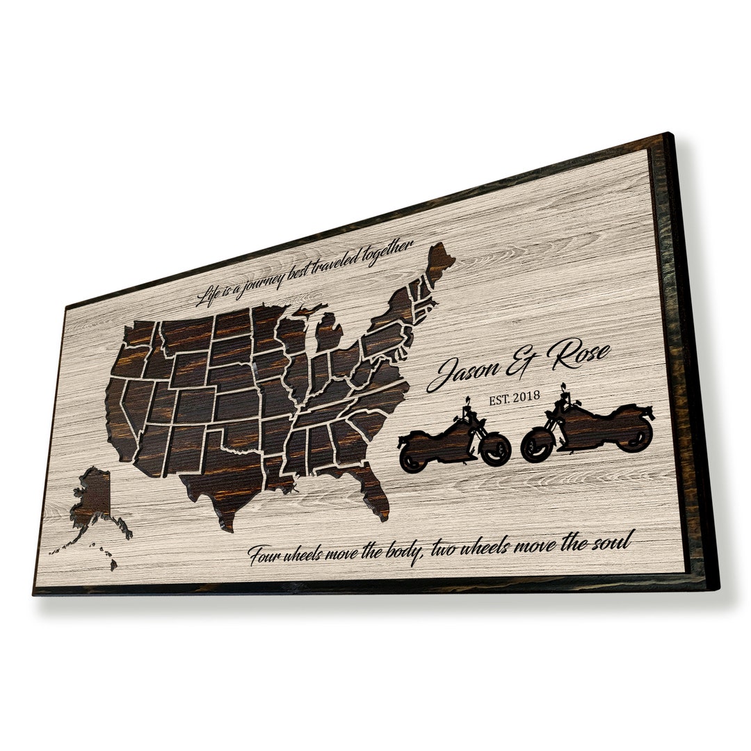 Motorcycle Push Pin Map Picture | Carved Wood Wall Art | Personalized ...