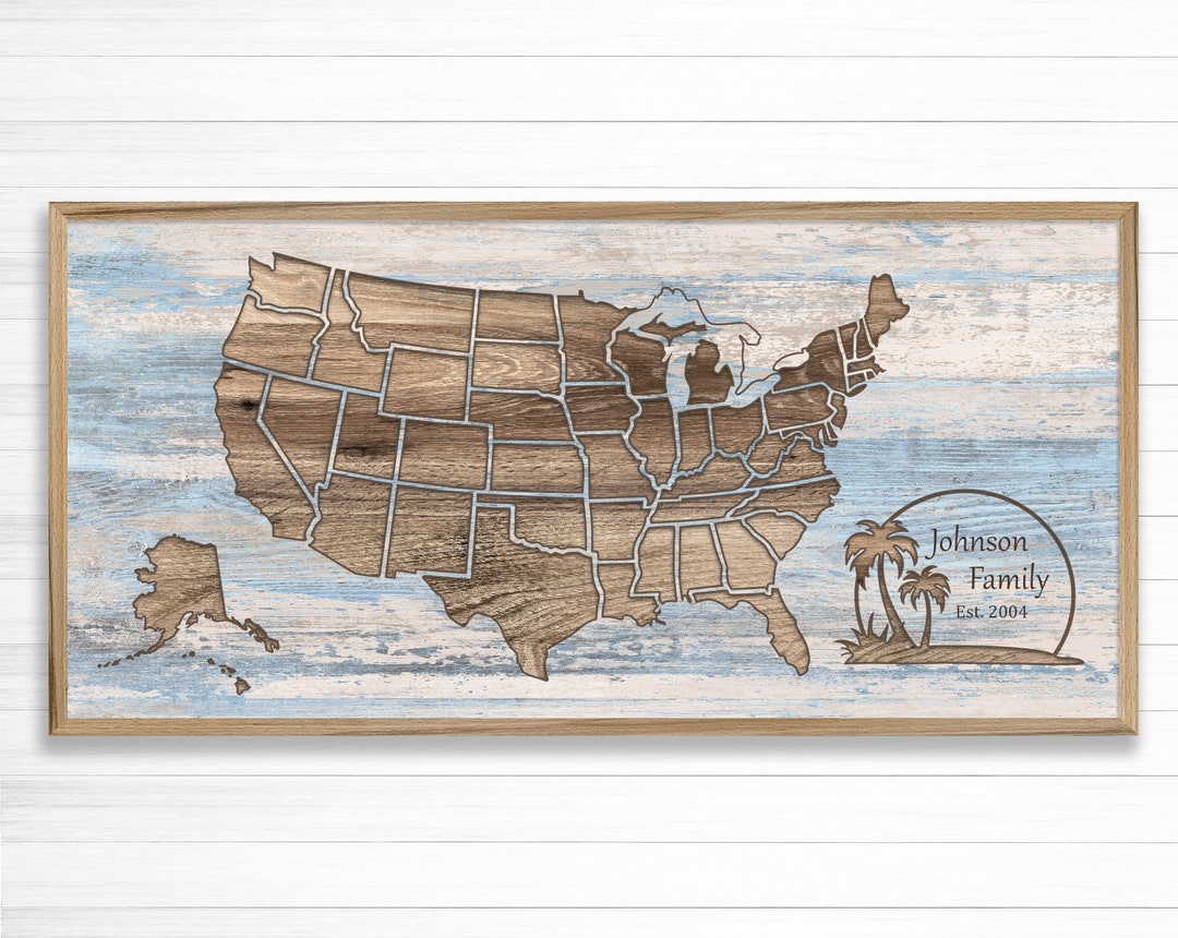 Beach US Map, Framed Canvas Wrapped Map, Palm Tree Beach Art, Beach ...