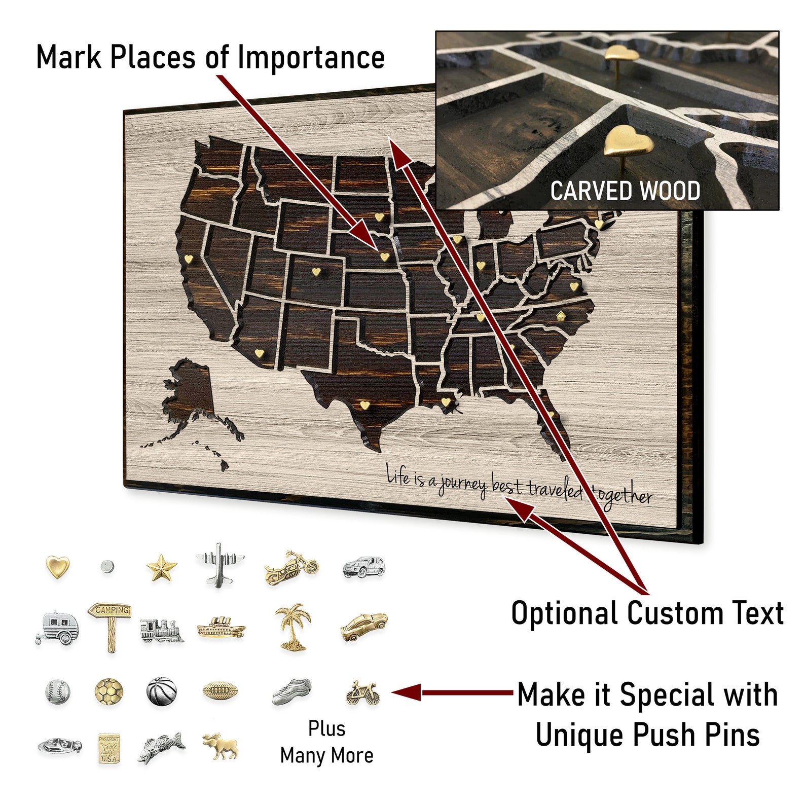 Push Pin Map - Map to Mark Travels - Travel Log - Wood US Map Wall Art ...