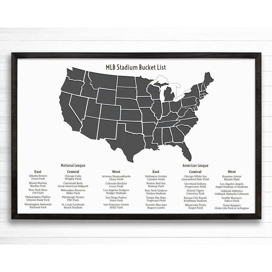 Push Pin Baseball Bucket List US Map | All Ball Parks Listed | Major ...