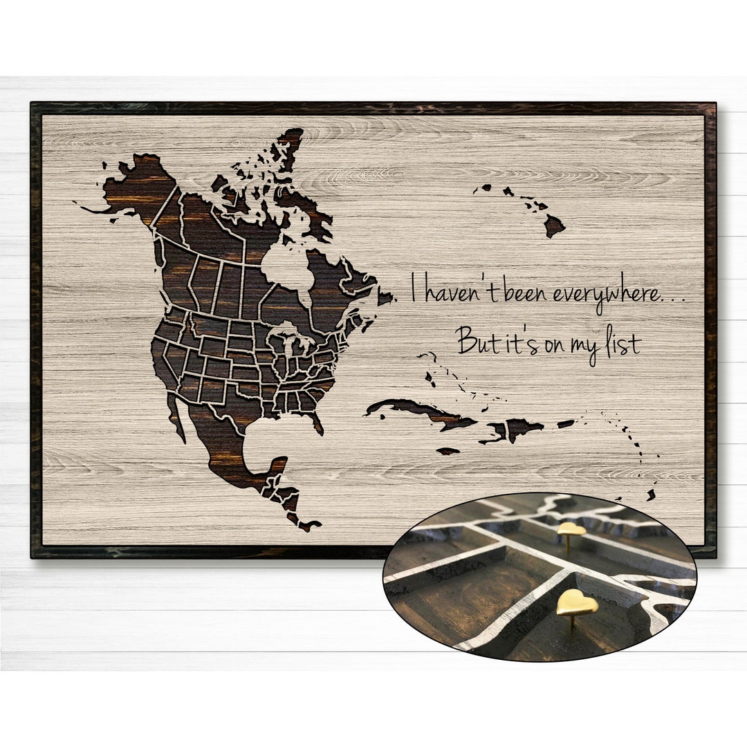 North America Push Pin Map Wall Art - Carved Wood Map - Caribbean ...