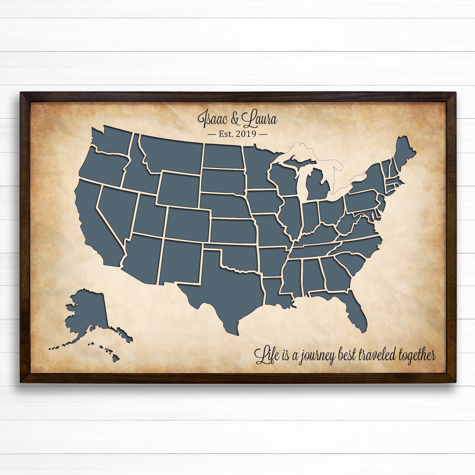 Framed Push Pin Map of the United States | Cork Canvas Map for Easy ...