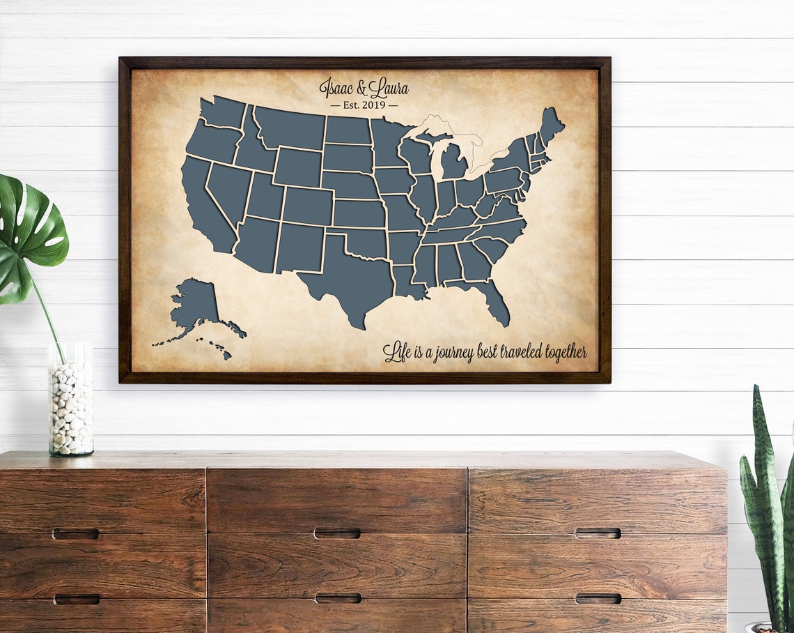 Framed Push Pin Map of the United States | Cork Canvas Map for Easy ...