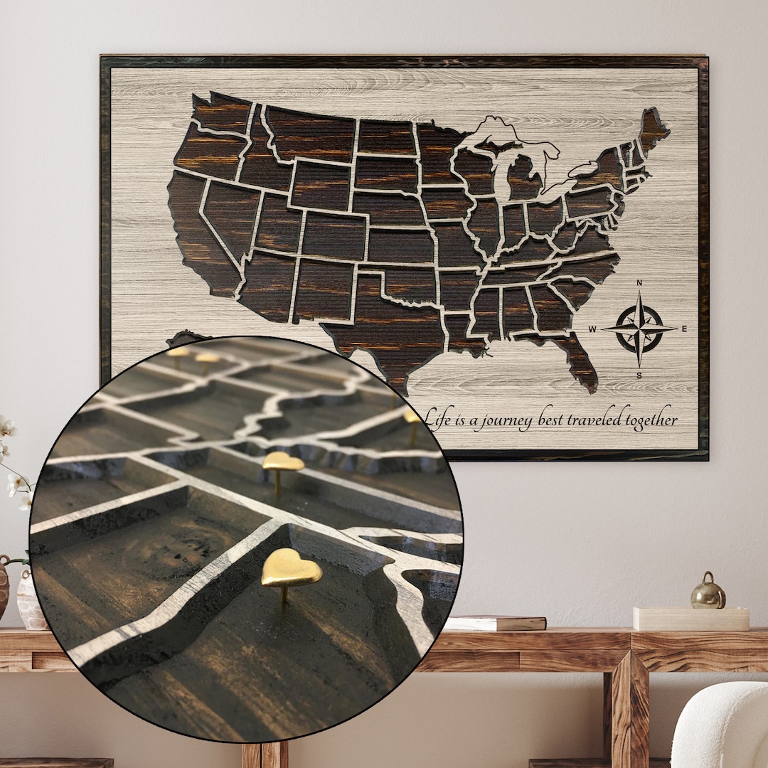 US Map Wall Art With Compass - Push Pin Map USA - Pin Wood Carved Map ...