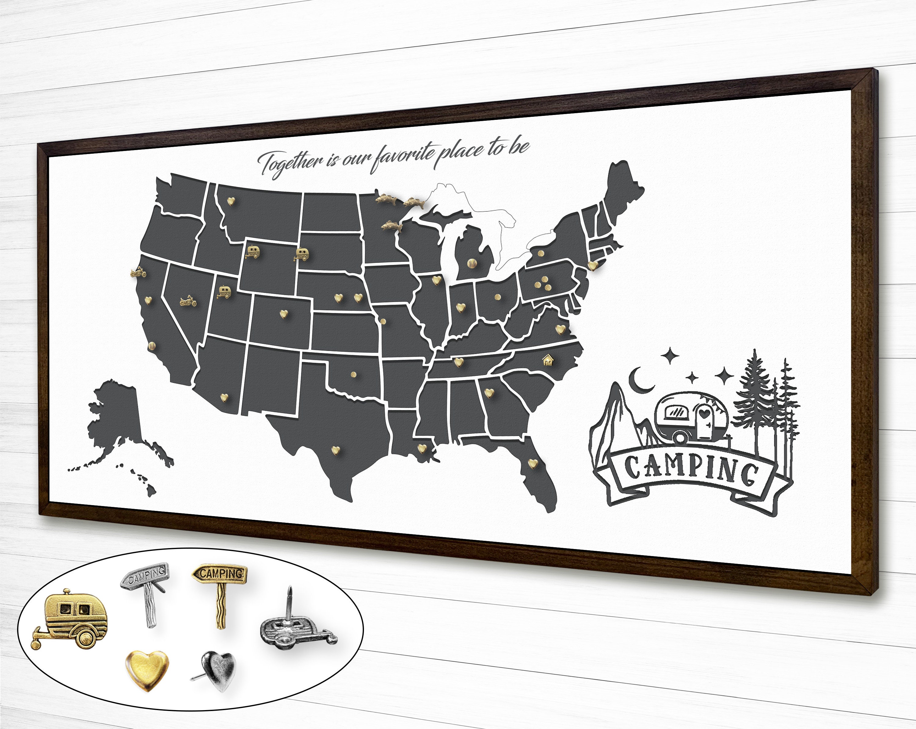 Camping Push Pin US Map | Camper Travel Map | Adventure Hiking Fishing ...