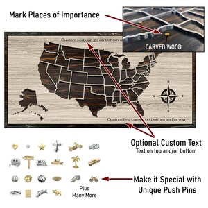 US Push Pin Map With Compass - Wood Wall Art - Custom US Map With Text ...